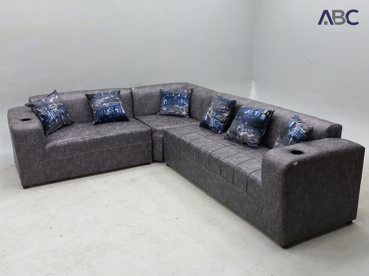 L Shaped Lounge Suite Grey Leatherette (3 Piece - 6 Seater) (1)